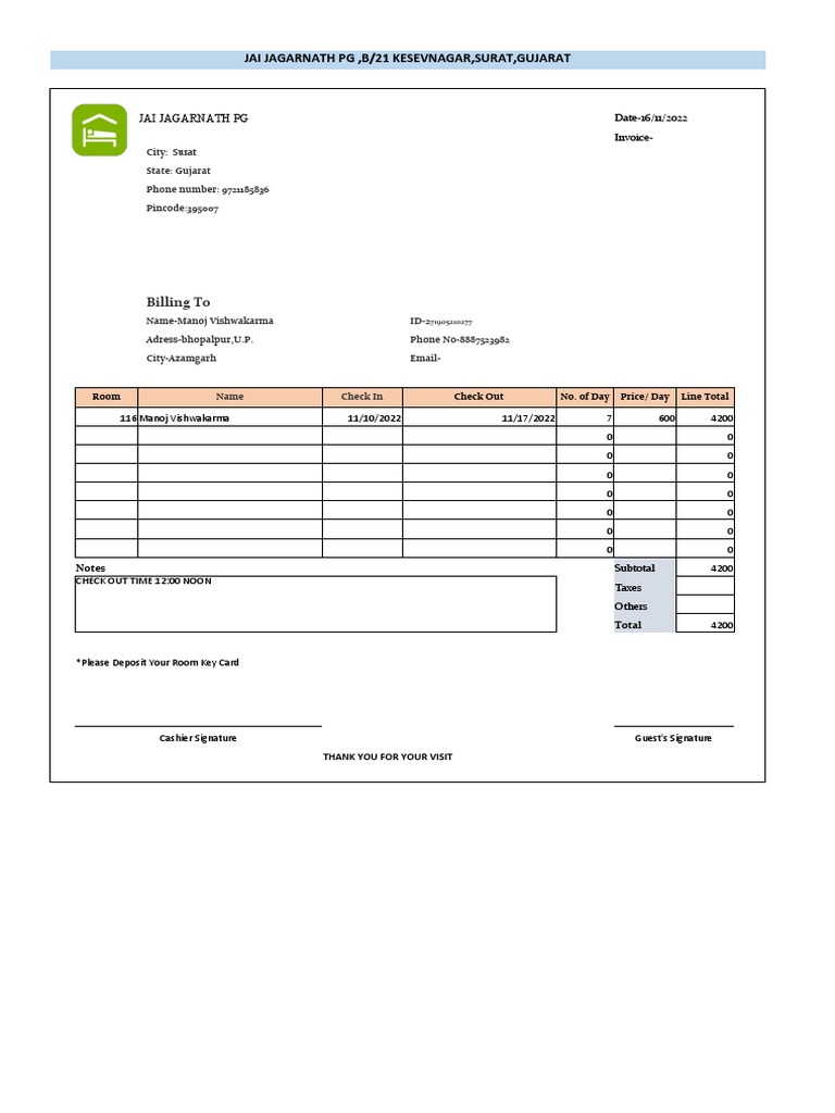 Hotel Bill Format in Excel | PDF