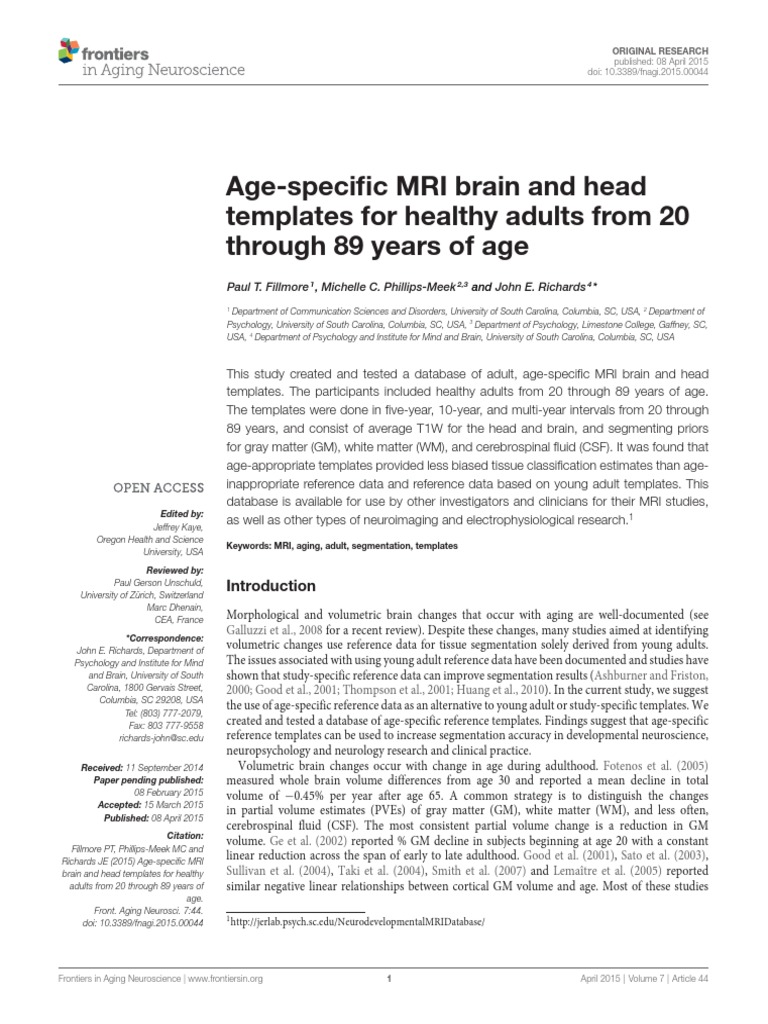Age-Specific MRI Brain and Head Templates For Healthy Adults From 20 ...