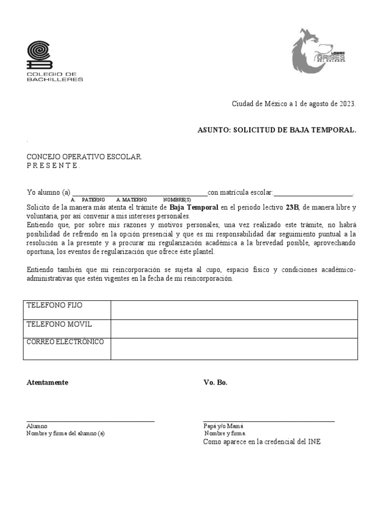 1 Carta Solicitud Baja Temporal | PDF
