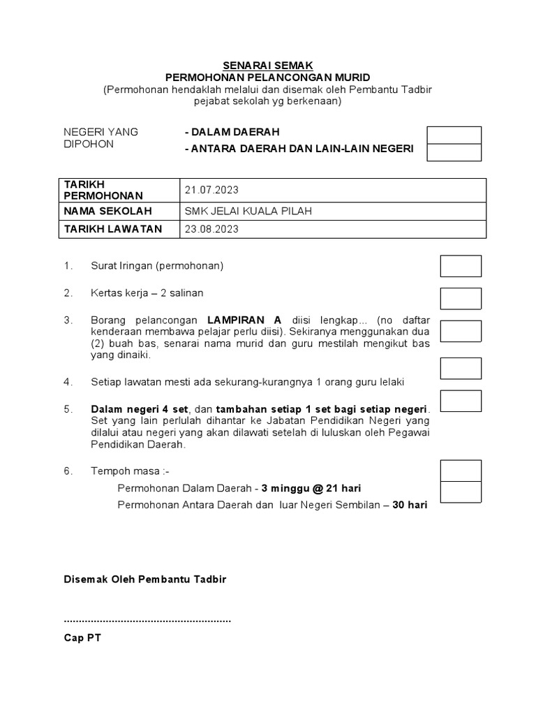 Senarai Semak Dokumen Pelancongan Murid | PDF