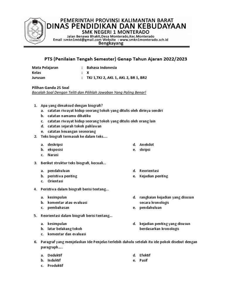 Soal Bin Kelas X Akl1 - Akl2 - TKJ1 - TKJ2 - BR1 - BR2 | PDF