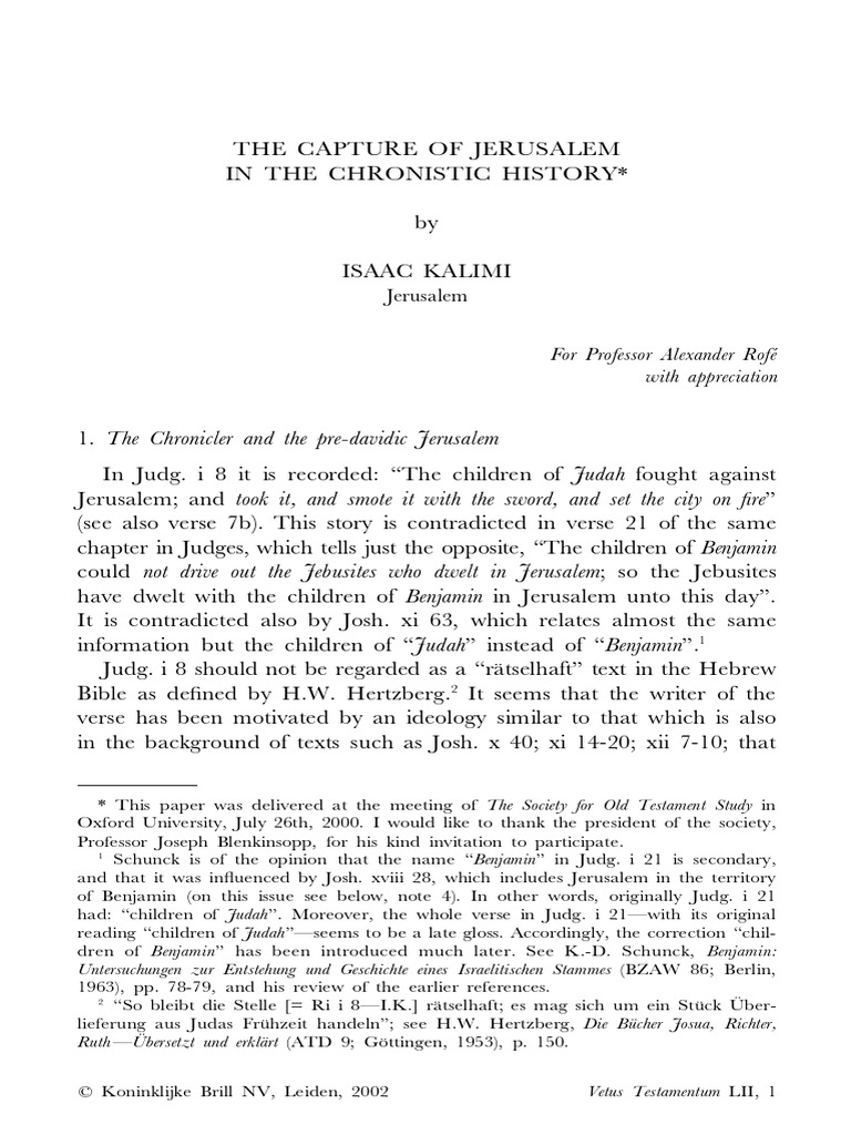 Isaac Kalimi - The Capture of Jerusalem in The Chronistic History | PDF ...