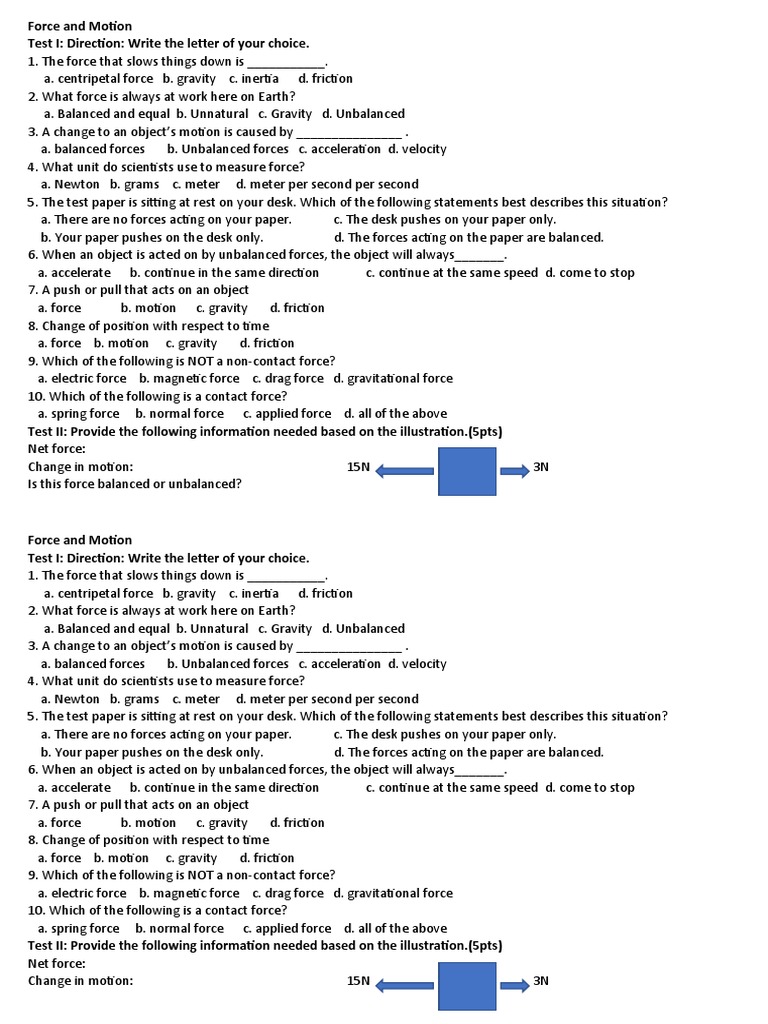 Force and Motion Quiz | PDF | Force | Acceleration Force and Motion Quiz | PDF | Force | Acceleration