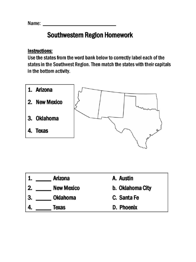 Worksheet Southwest Region Map and Capitals | PDF