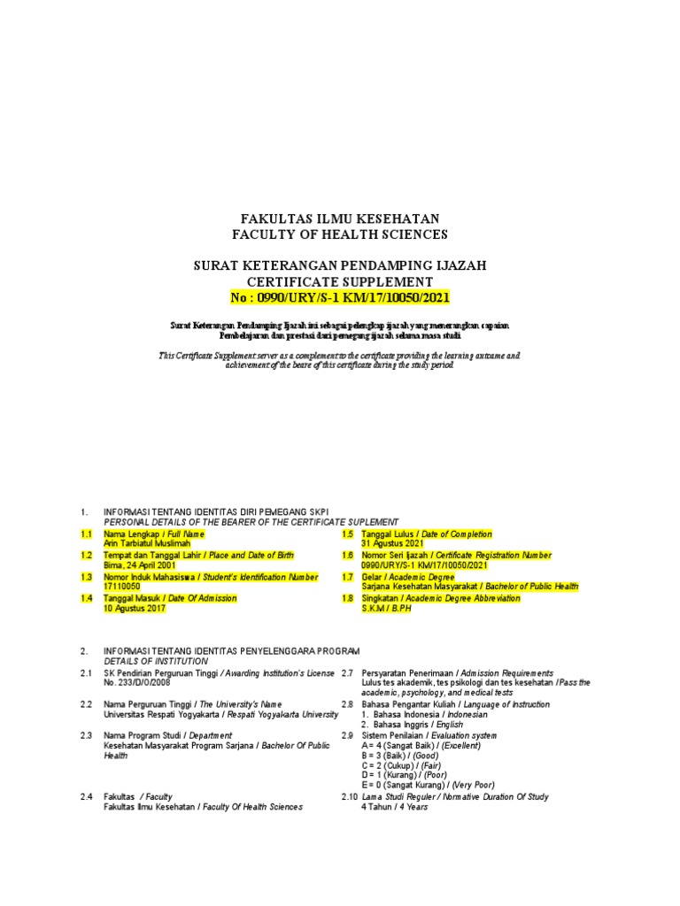 Contoh Isian SKPI Arin | PDF