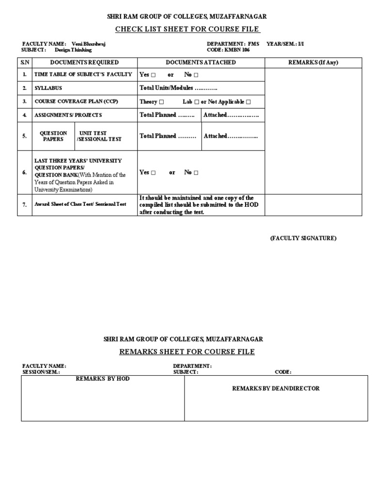 Check List & Remarks Sheet | PDF