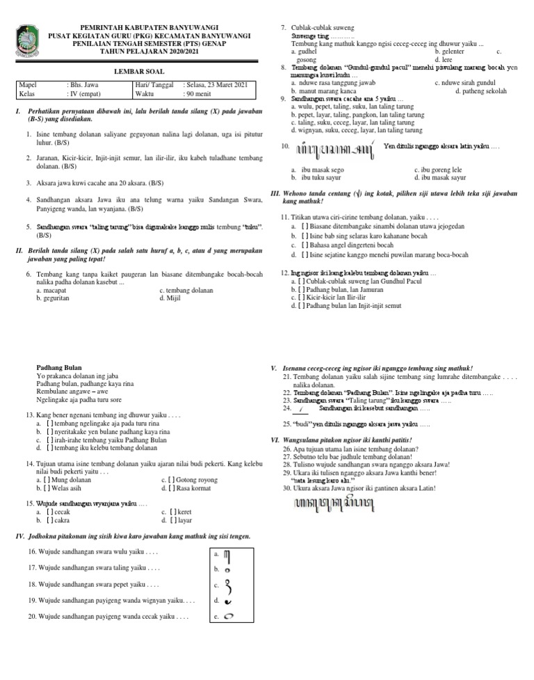 SOAL Bhs. Jawa Kelas 4 | PDF