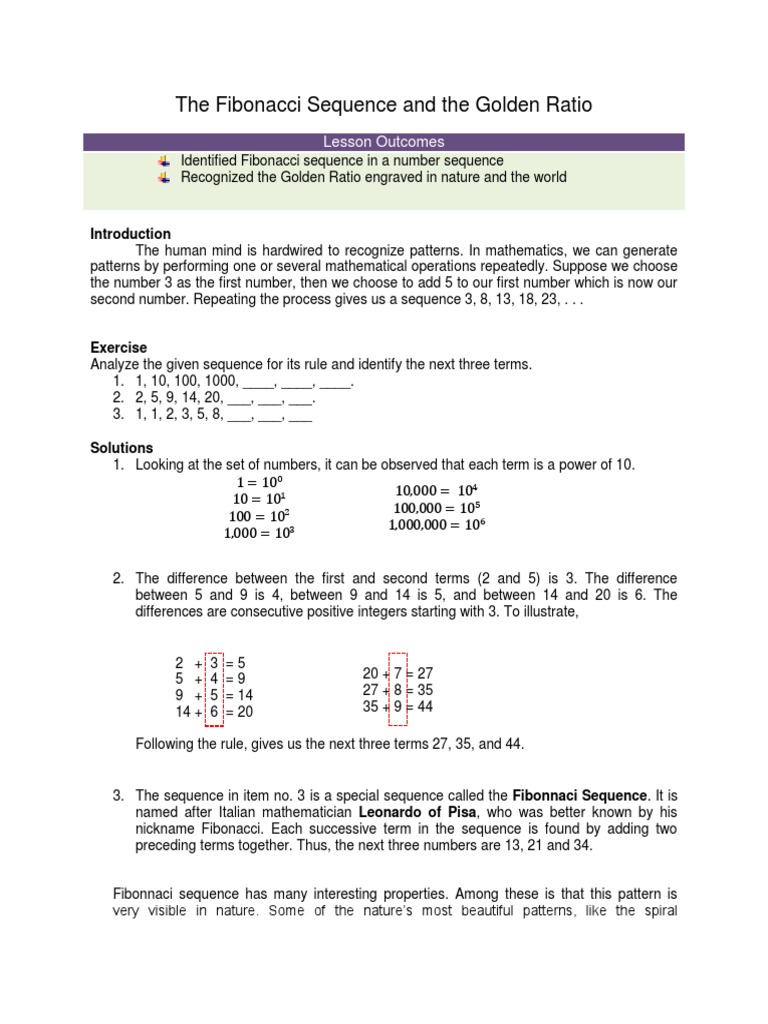 2 Fibonacci Sequence and The Golden Ratio | PDF | Mathematics | Arithmetic