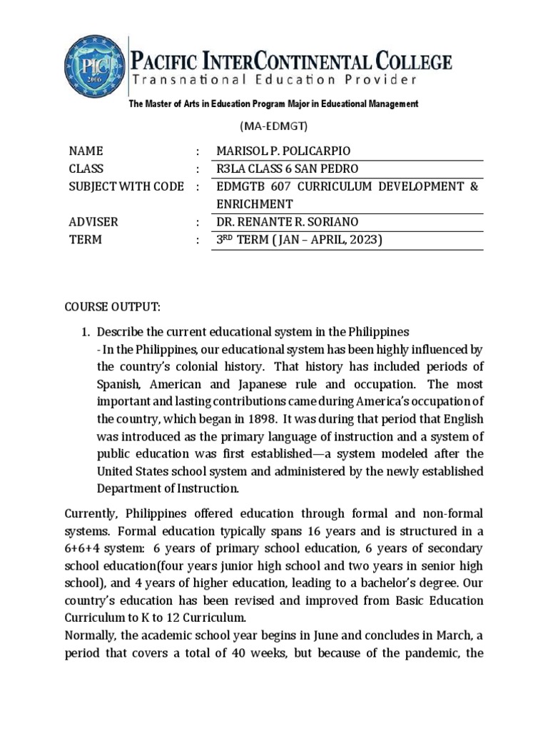 Course Output Foe Edmgt 607 Curriculum Devt (Policarpio) | PDF | Curriculum | Learning
