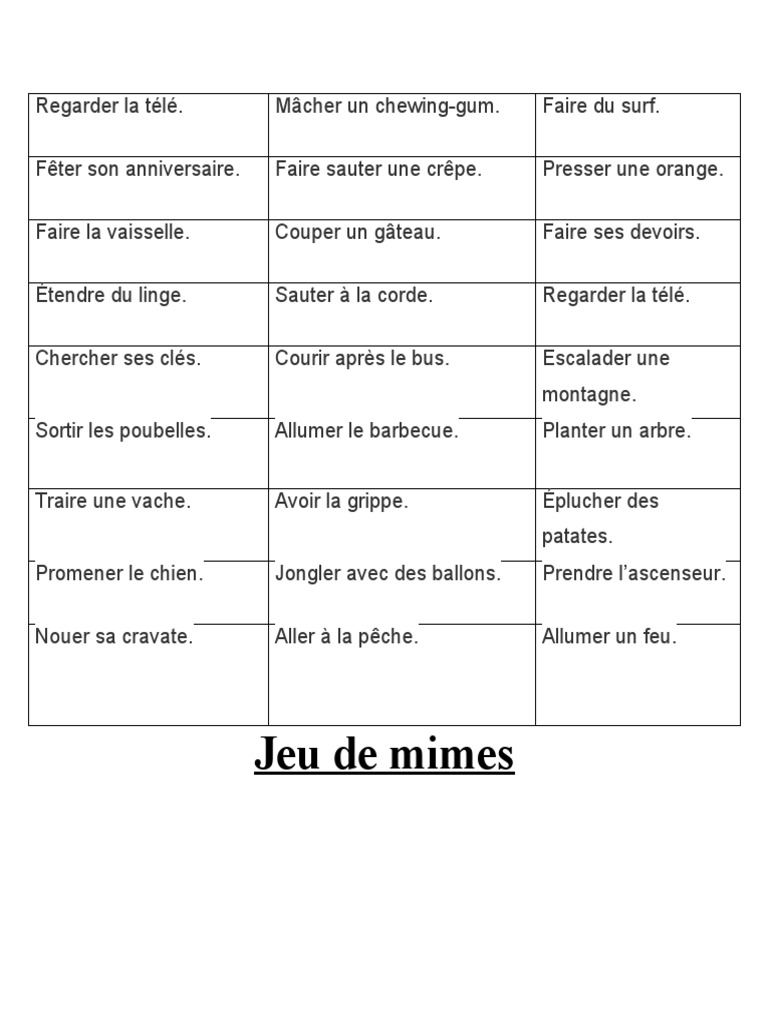 Jeux de mimes à imprimer PDF | PDF