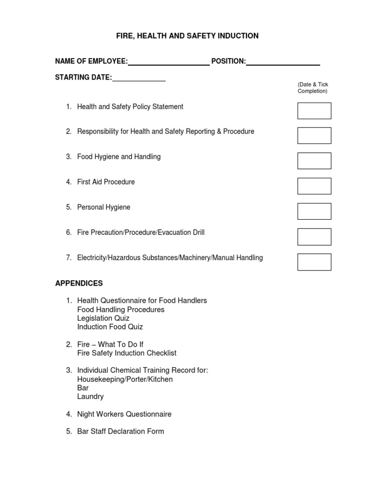 Fire and Safety Induction Training Guide | PDF | Hygiene | Foodborne ...
