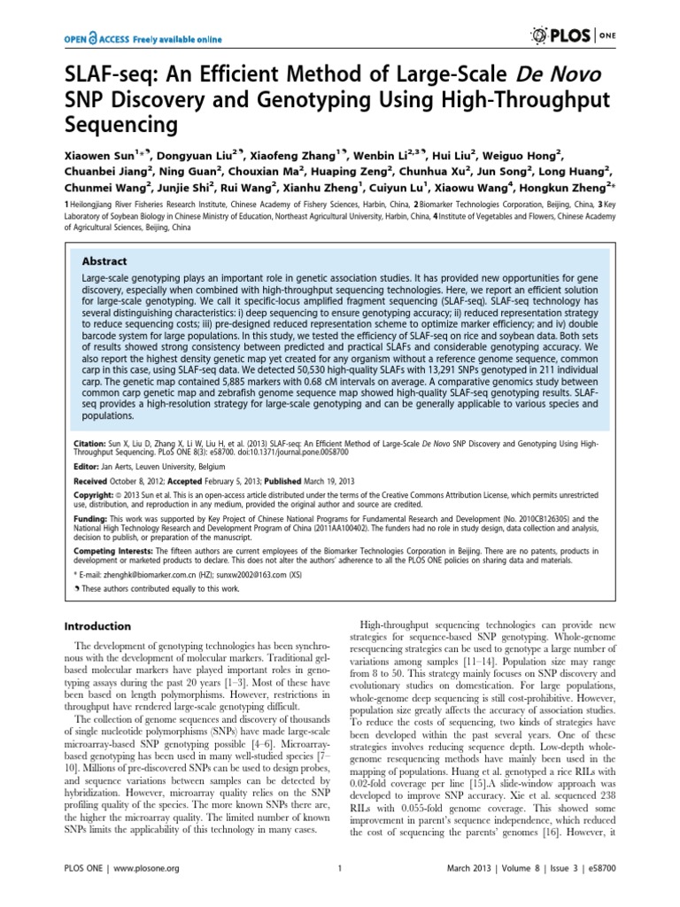 2013 SLAF-seq - An Efficient Method of Large-Scale de Novo SNP ...