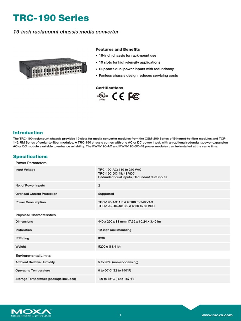 Moxa TRC 190 Series Datasheet v1.1 | PDF | Alternating Current | Optical Fiber