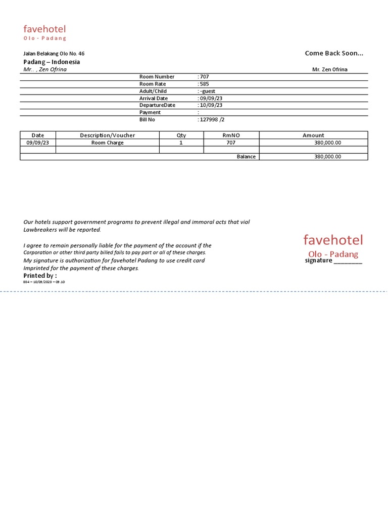 Favehotel Padang Bill Sample | PDF