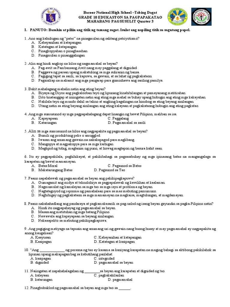 Test Esp 10 Pagmamahal Sa Bayan | PDF