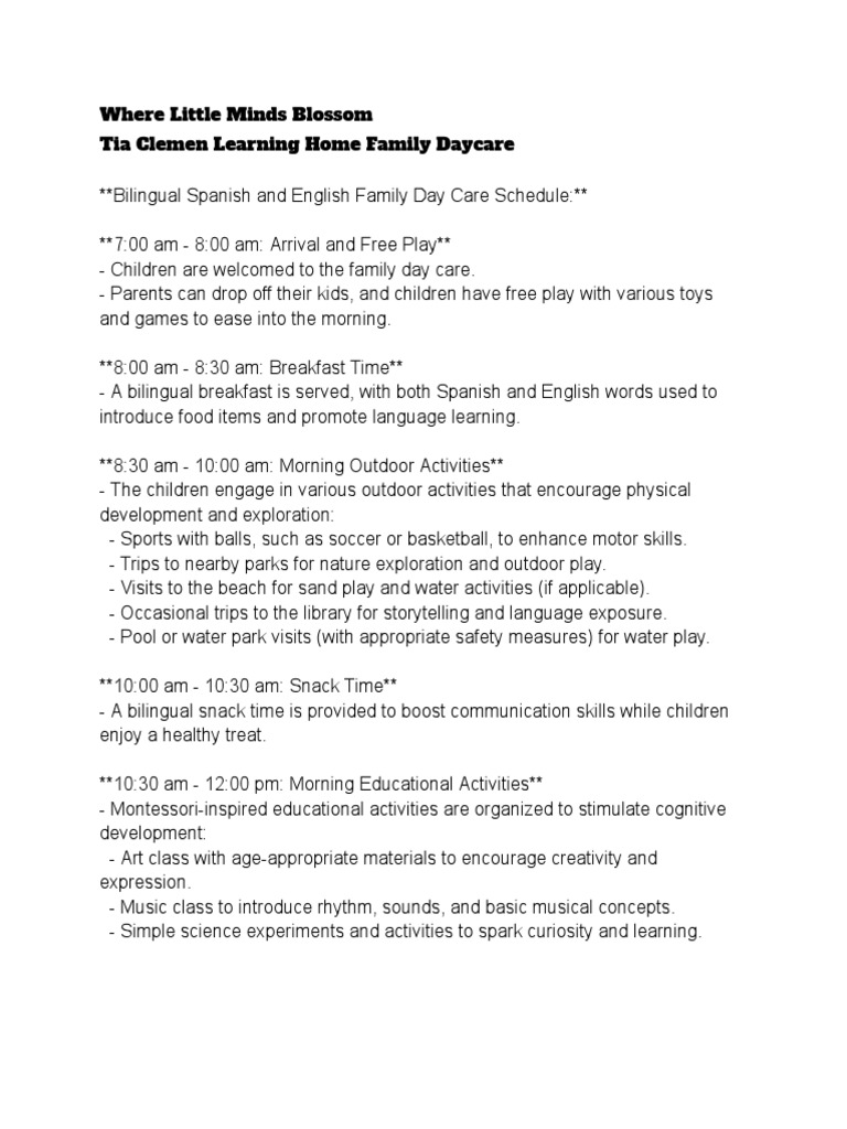 Bilingual Family Daycare Schedule | PDF | Child Care | Multilingualism