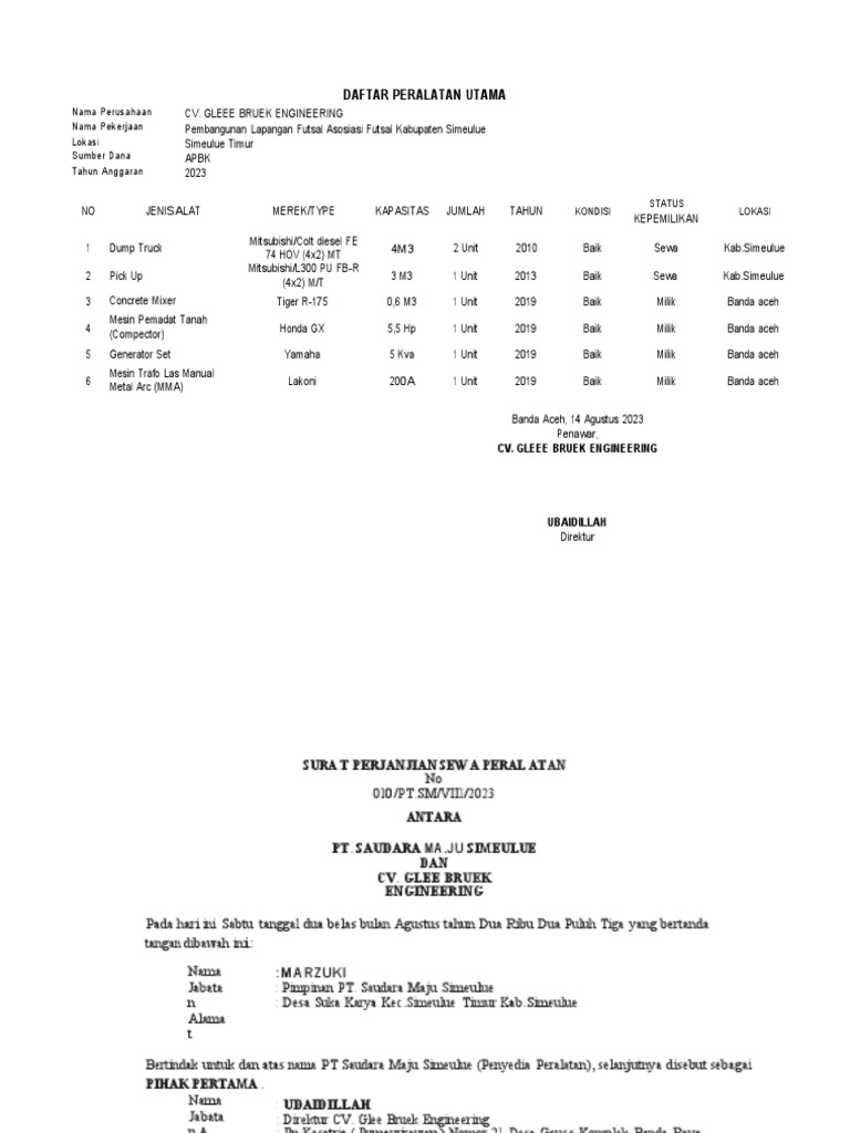 Daftar Peralatan Utama | PDF