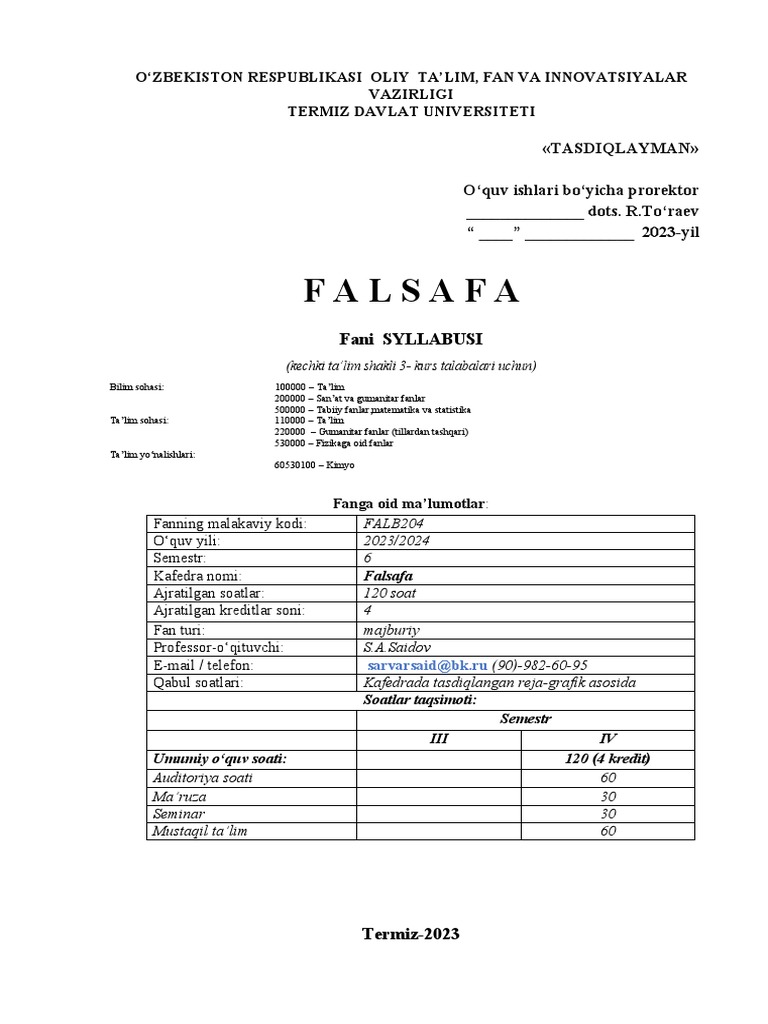 Falsafa Sillabus Kimyo (Kechki) | PDF