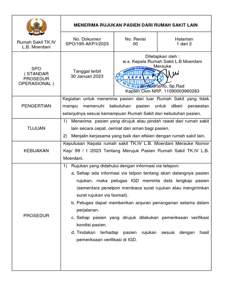 Sop Menerima Rujukan Dari RS Lain | PDF