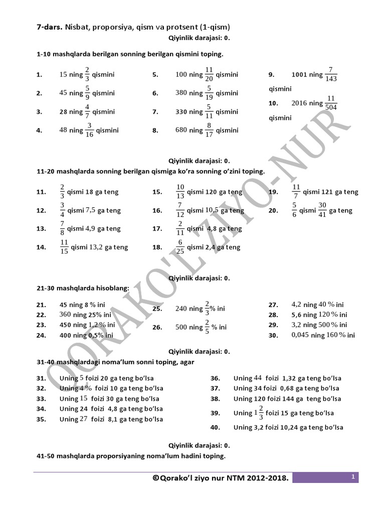 007-7-Dars Nisbat Va Proporsiya, Protsent | PDF