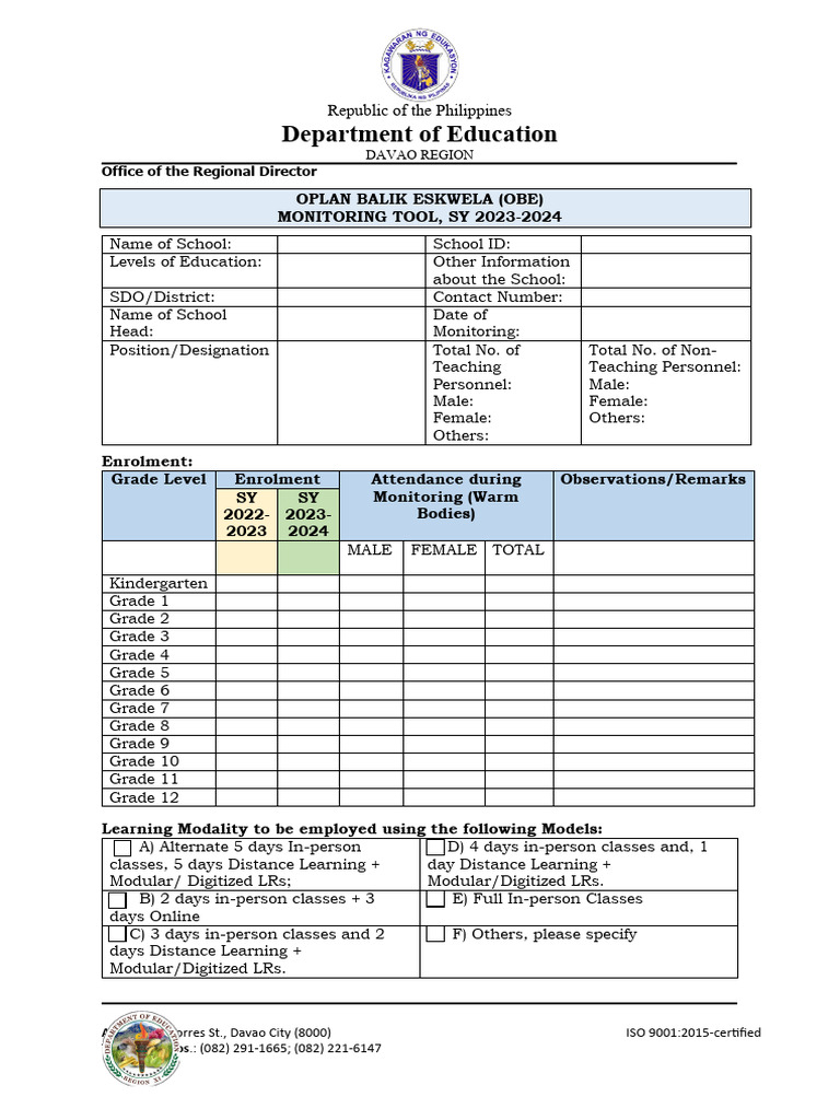 Oplan Balik Eskwela Monitoring Tool | PDF | Learning