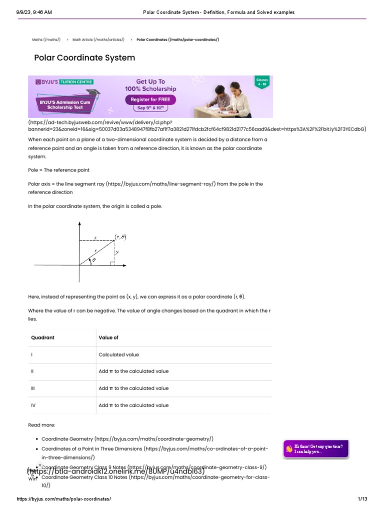 Polar Coordinate System - Definition, Formula and Solved Examples | PDF
