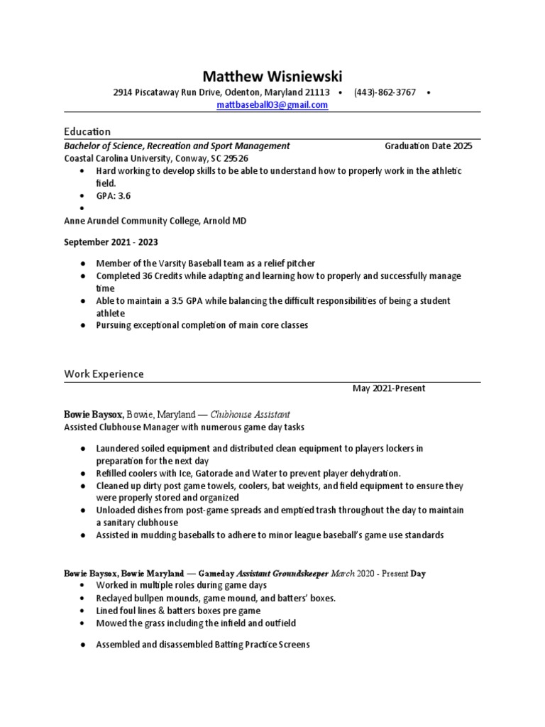 Matthew Wisniewski: Sports Management Resume | PDF | Baseball Field ...