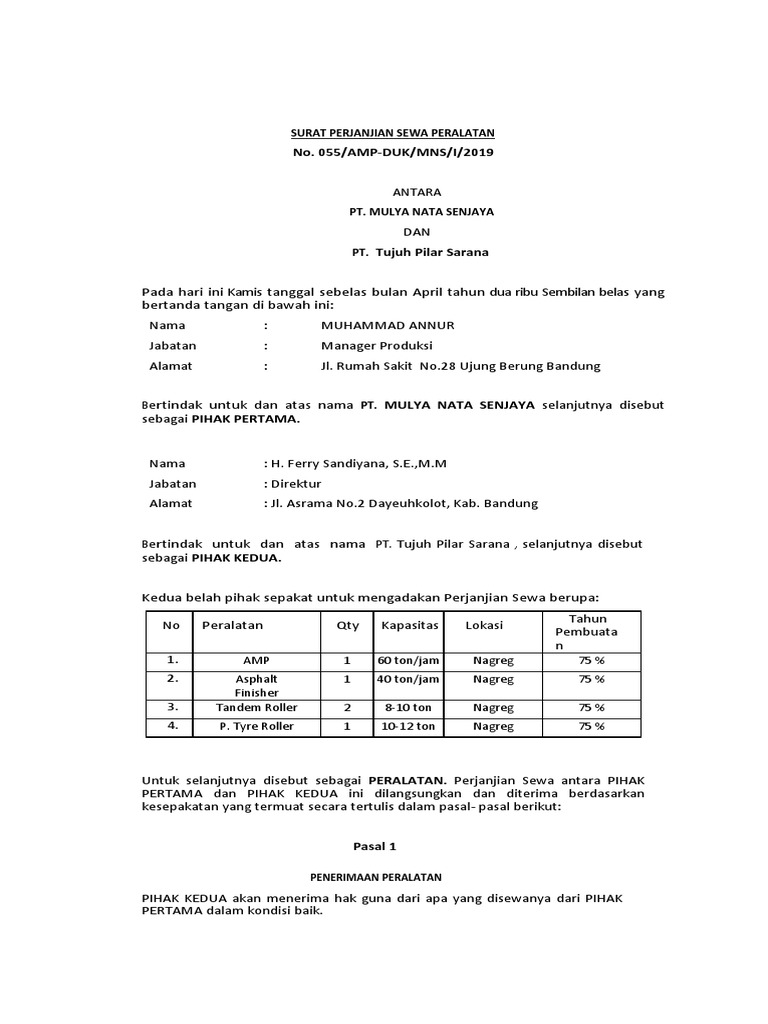 Format Surat Perjanjian Sewa Peralatan | PDF