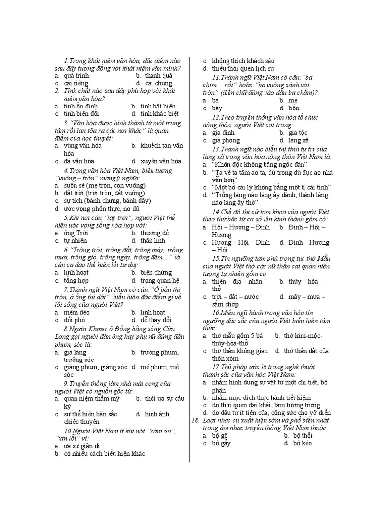 Đề thi thử môn CSVH Việt Nam 2023 | PDF
