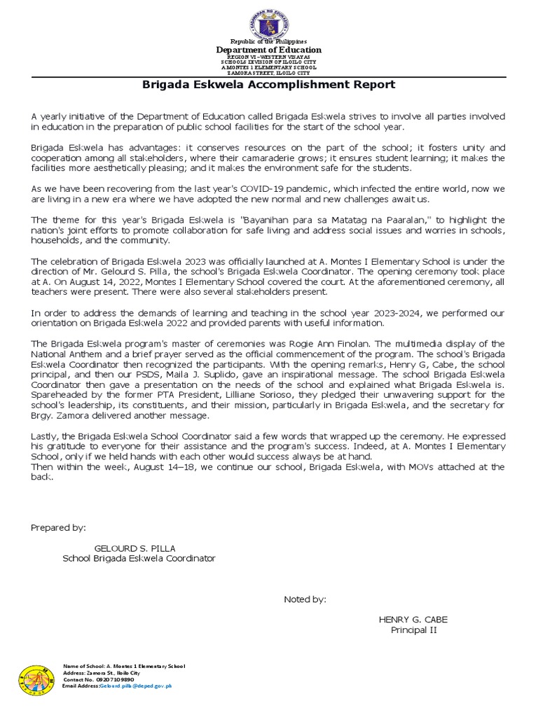 Brigada Eskwela Accomplishment Report 23-24 | PDF