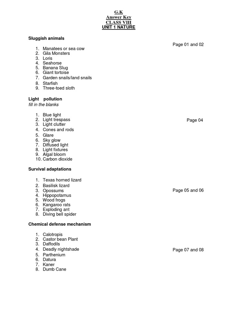 Answer Key Class VIII GK Unit 1 To 4 PDF Shoe
