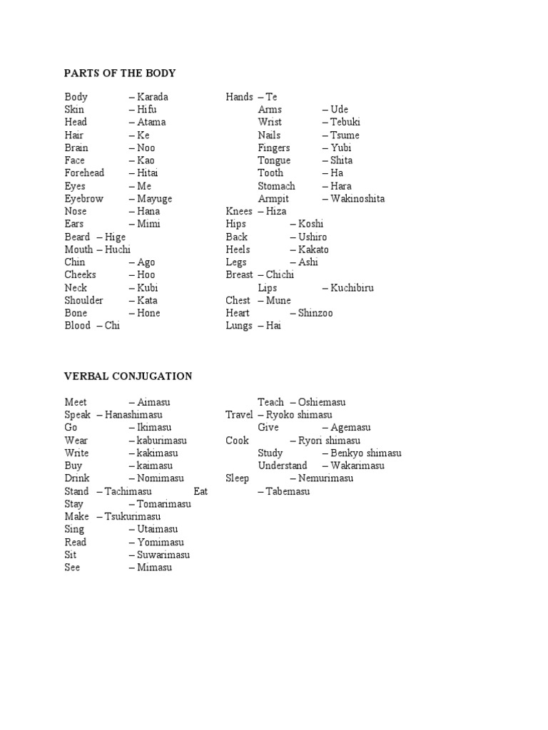 Parts of The Body and Verbal Conjugation | PDF