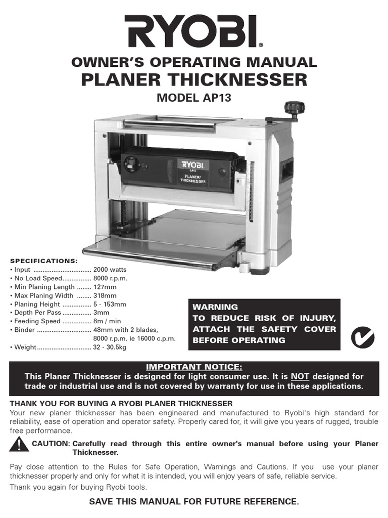 Manual Ryobi Thicknesser | PDF | Safety | Glasses