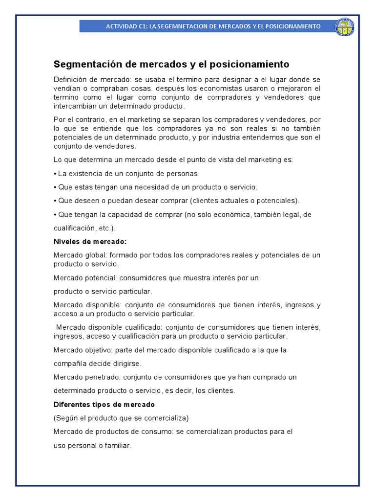 Segmentación Y Posicionamiento De Mercados Pdf Marketing Mercado