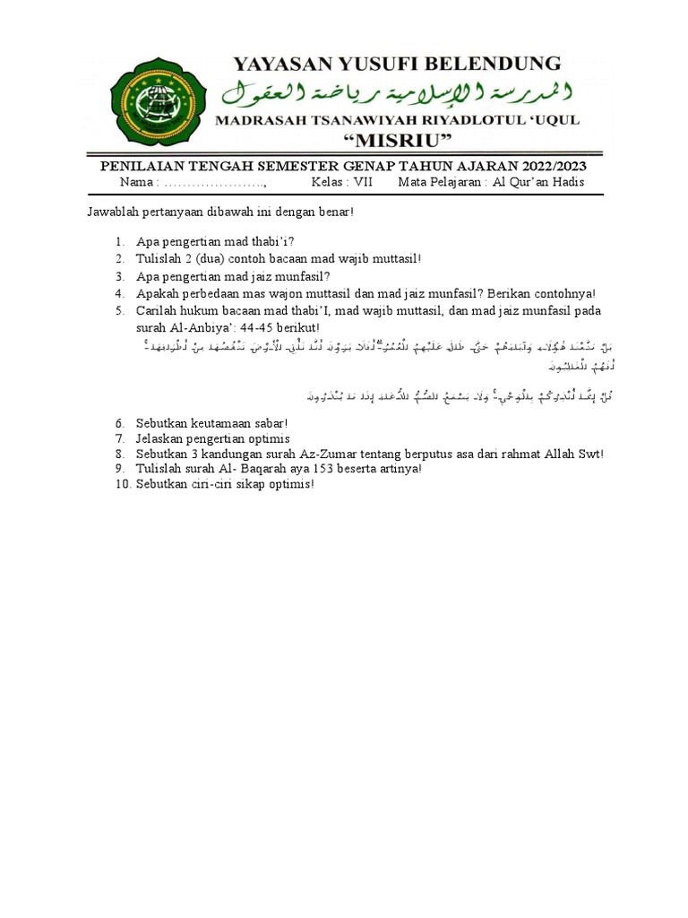 Soal Al Quran Hadis Kls 7 - 2023 - Sem2 | PDF