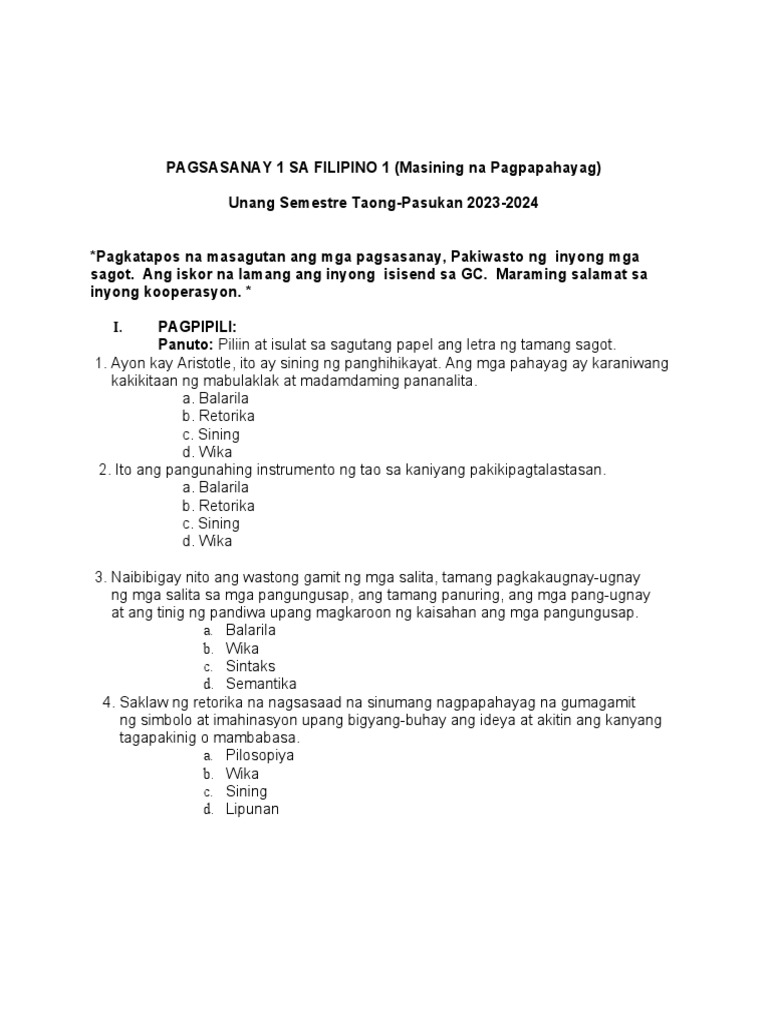 Pagsasanay 1 Sa Filipino 1 | PDF