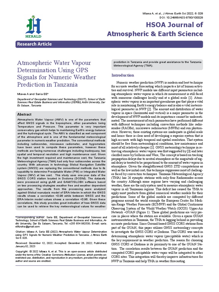 Atmospheric Water Vapour Determination Using Gps Signals For Numeric ...