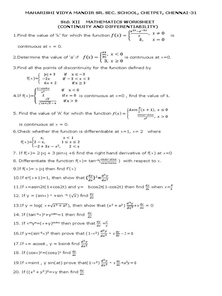 Xii Worksheet Continuity And Diff Pdf