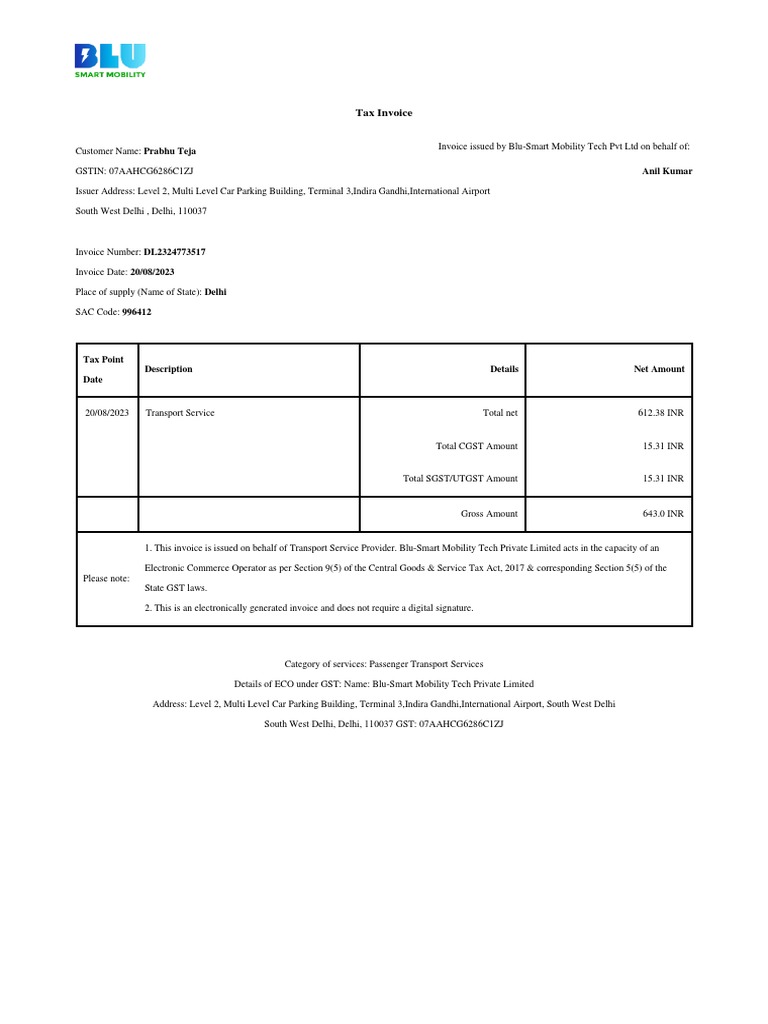 Blu-Smart Mobility Invoice DL2324773517 | PDF