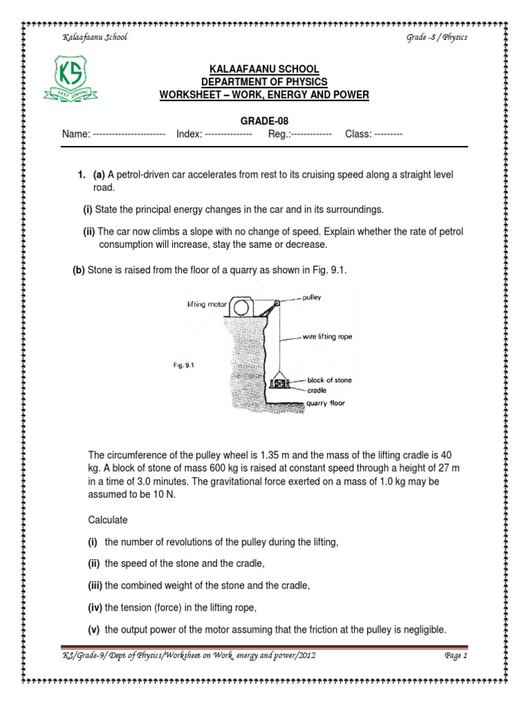 Work, Energy, and Power Worksheet | PDF | Potential Energy | Power Station
