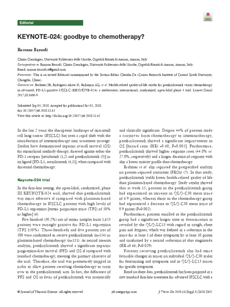 KEYNOTE-024: Goodbye To Chemotherapy?: Rossana Berardi | PDF | Clinical ...