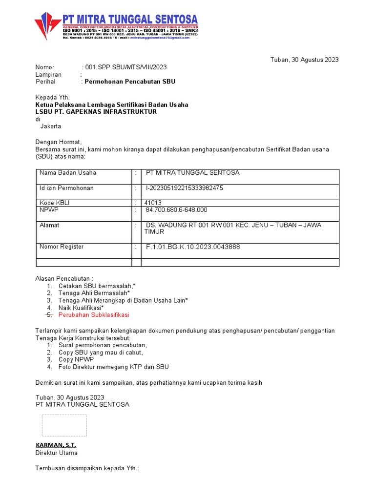 Format Surat Permohonan Pencabutan SBU - LSBU GAPEKNAS INFRASTRUKTUR-EDIT | PDF