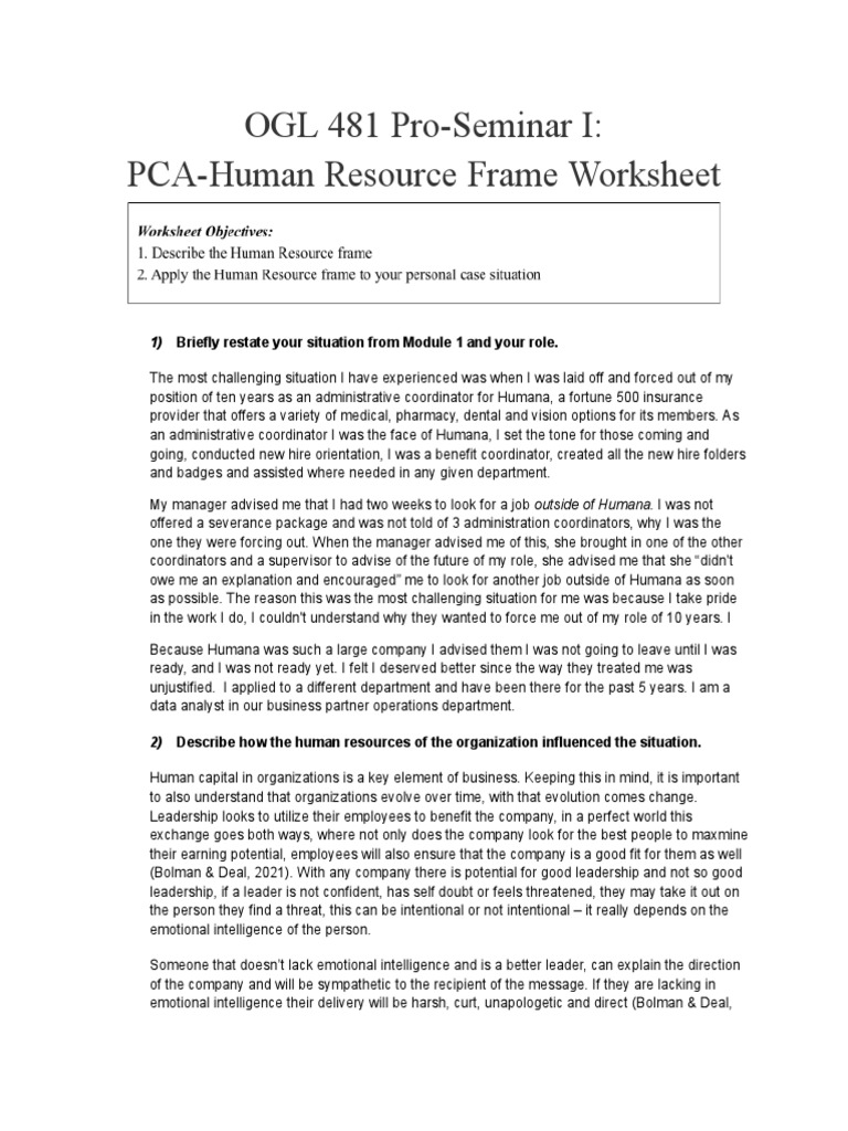 Human Resource Final Pca Frame Worksheet | PDF | Leadership | Emotional ...