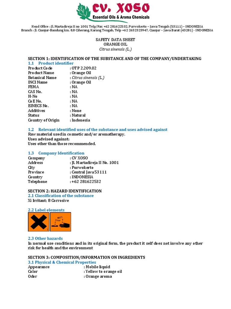 MSDS Orange Oil | PDF | Water | Carbon Dioxide