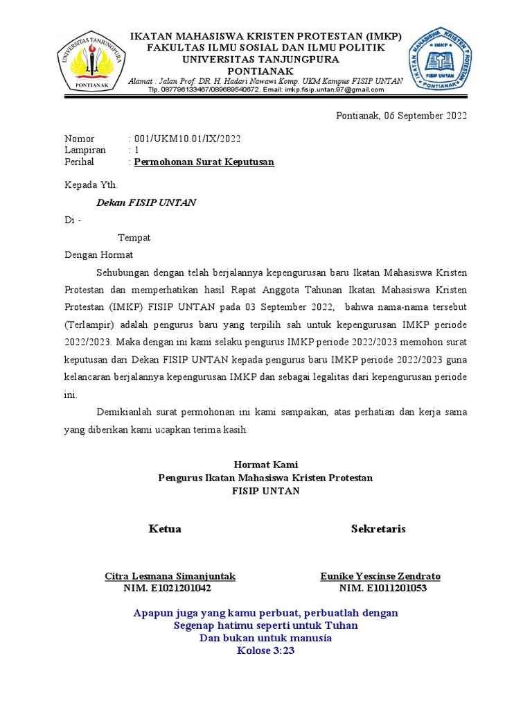 001 Surat Permohonan SK Pengurus 2022 | PDF