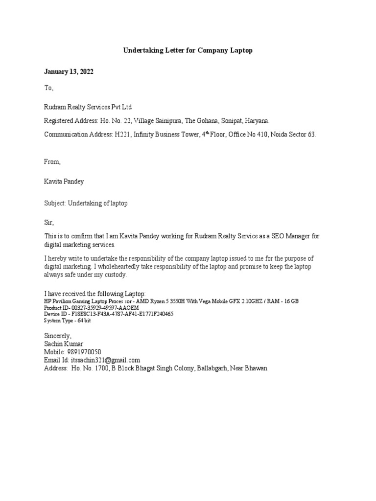 Undertaking Letter For Company Laptop | PDF | Business
