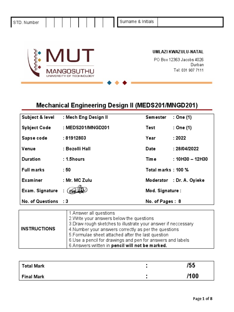 Design II, Test 1, Sem 1, 2022 | PDF | Strength Of Materials ...