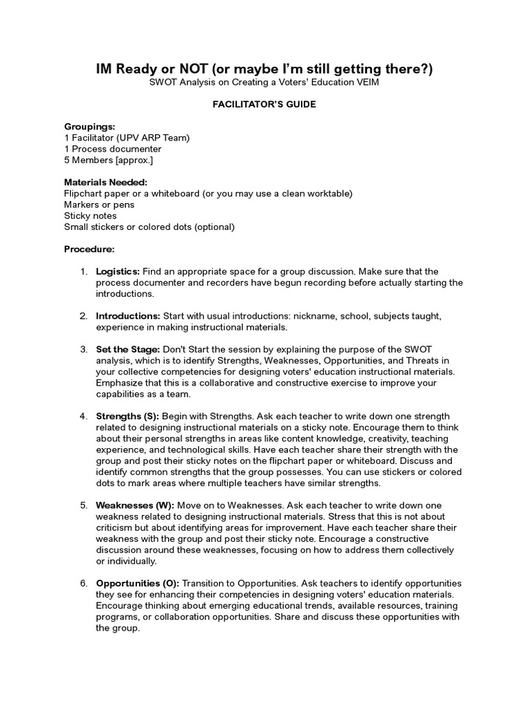 SWOT Workshop for Voters' Education | PDF | Swot Analysis | Teachers