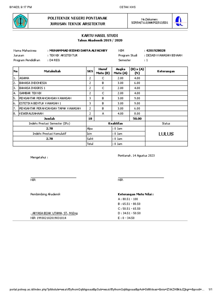 CETAK KHS Semester 1 Ridho | PDF