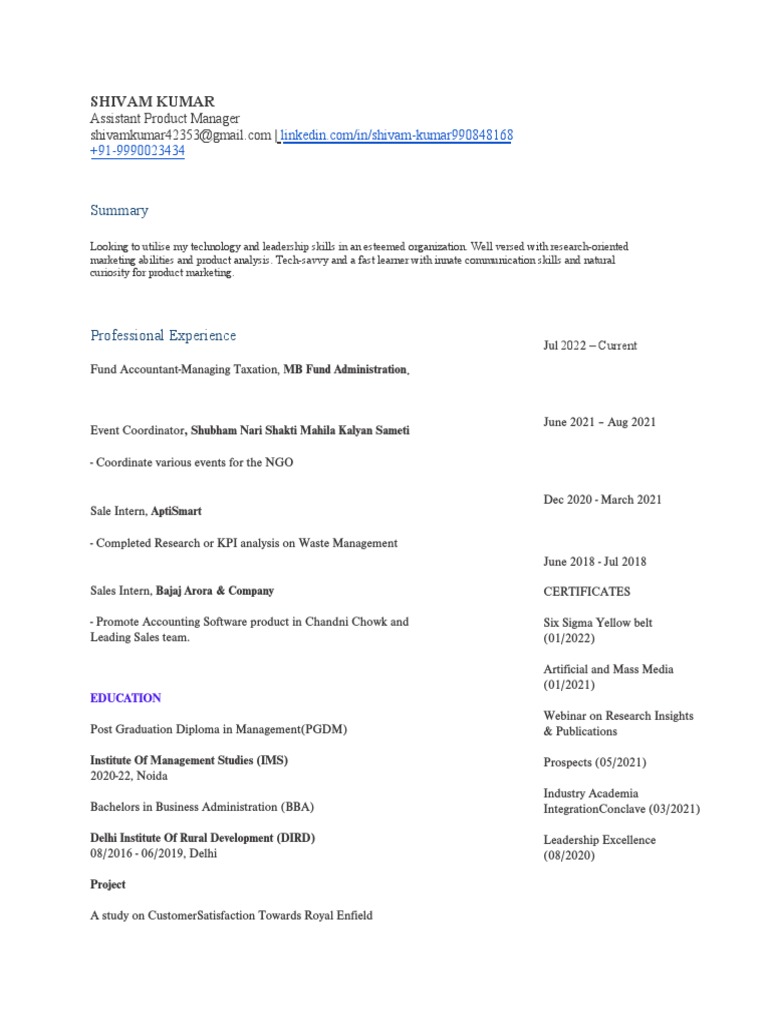 Shivam Kumar - Assistant Product Manager Resume | PDF